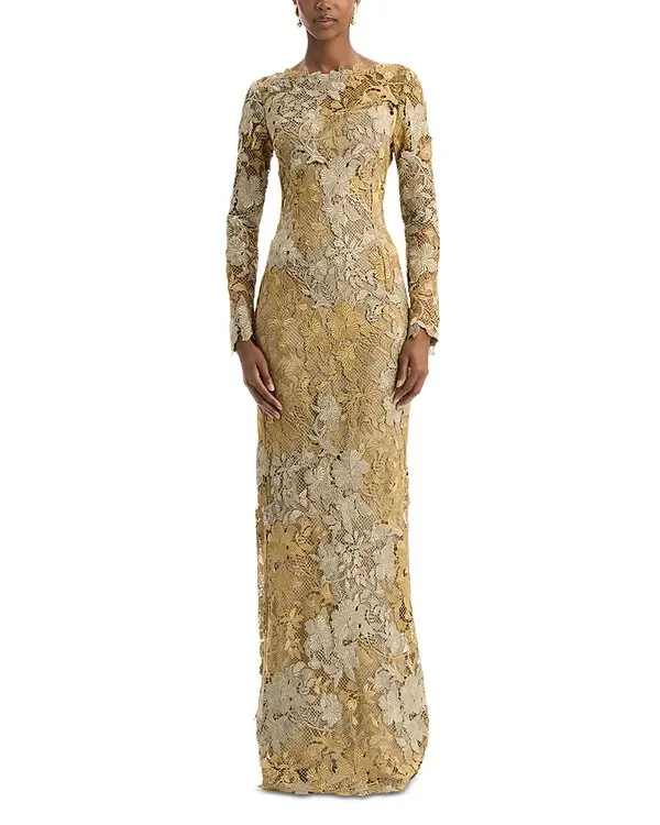 Oscar De La Renta Metallic Hibiscus Gown - Gold/white Gold