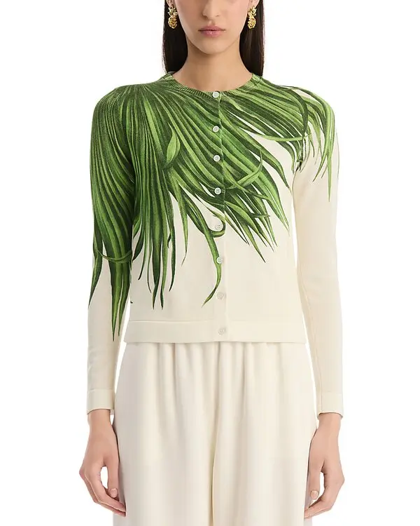 Oscar De La Renta Printed Palm Tree Knit Cardigan Sweater - Green/ivory