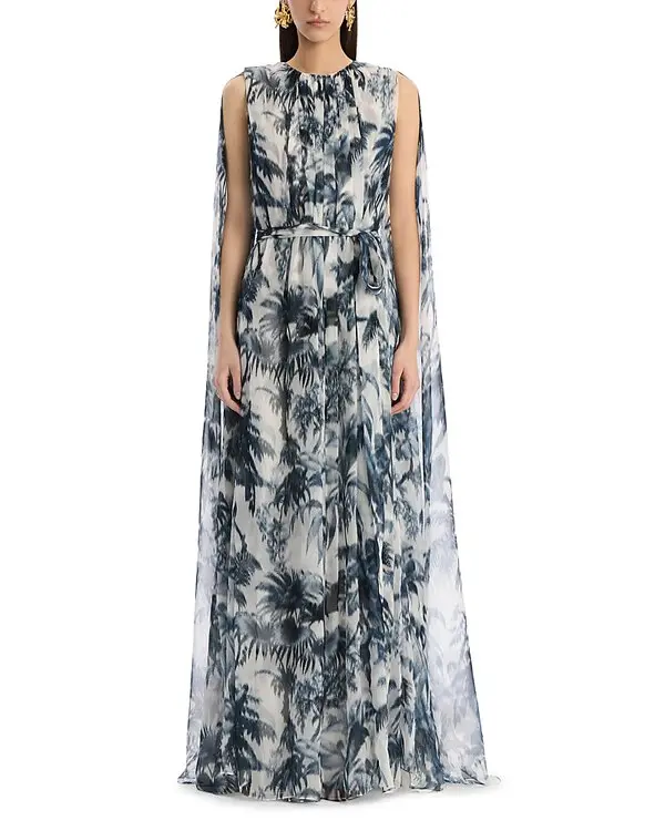 Oscar De La Renta Draped Sleeve Palm Leaves Silk Caftan Dress - Navy/white