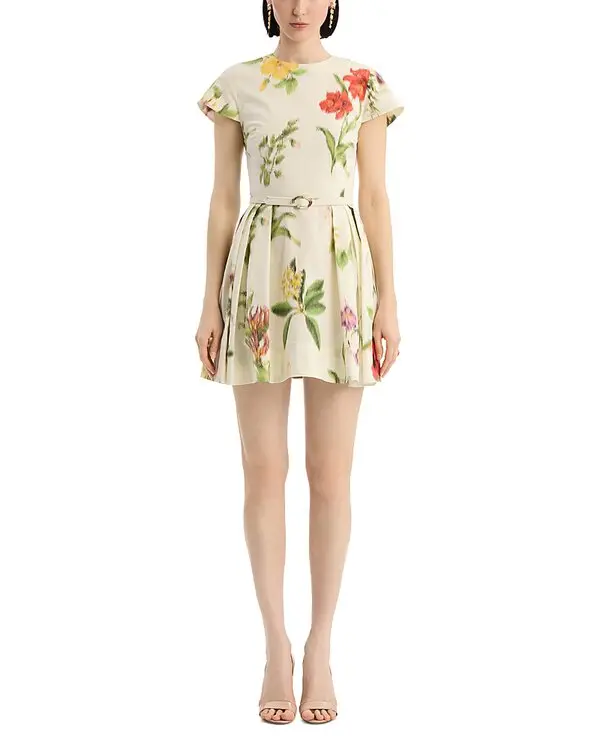 Oscar De La Renta Short Sleeve Floral Poplin Day Dress - Ivory Multi
