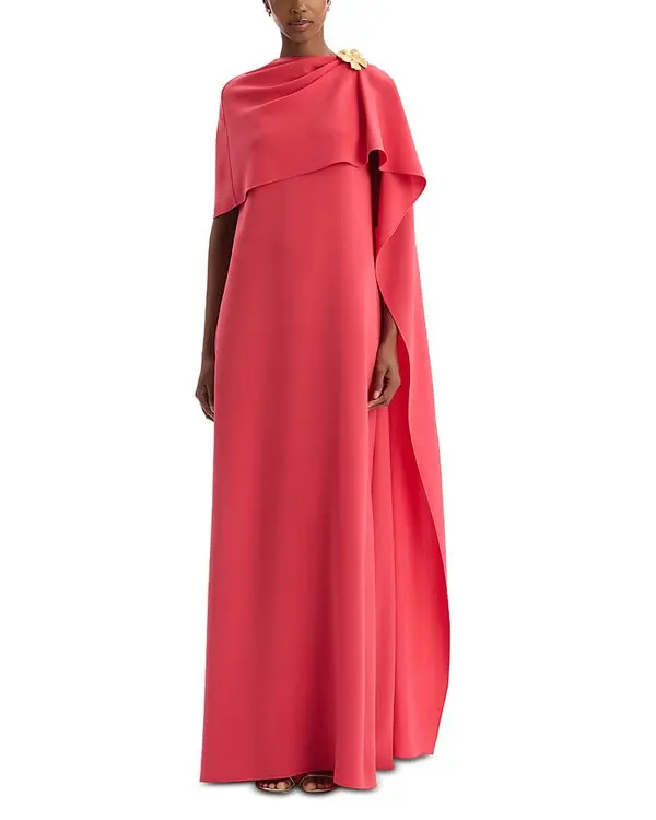 Oscar De La Renta Draped Shoulder Brooch Detail Georgette Caftan Dress - Hot Pink