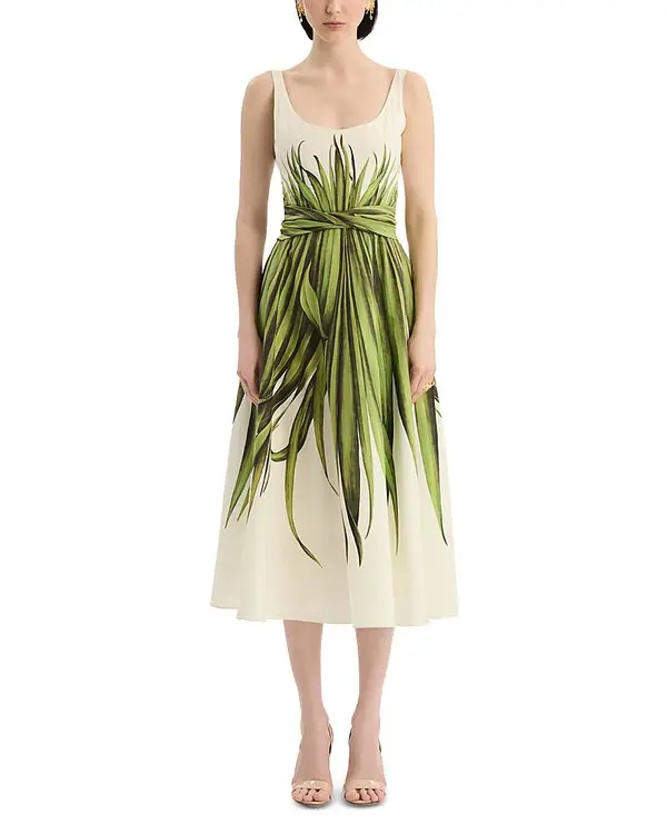 Oscar De La Renta Sleeveless Palm Leaves Poplin Day Dress - Green/ecru