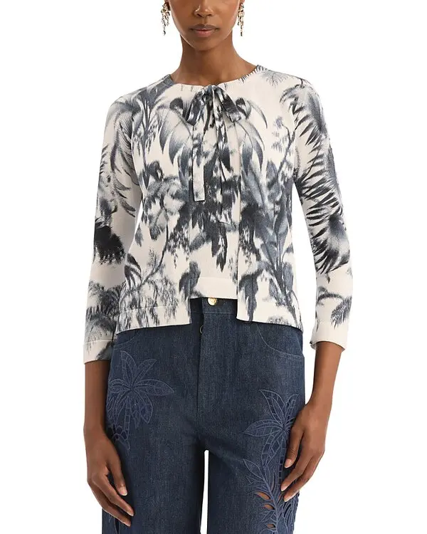 Oscar De La Renta Dotted Palm Print Cardigan Sweater - Navy/white