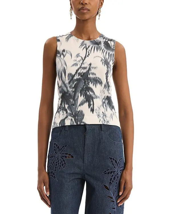 Oscar De La Renta Dotted Palm Leaf Knit Tank Top - Navy/white