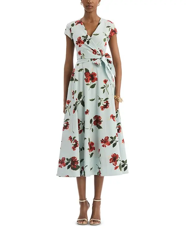 Oscar De La Renta Cap Sleeve Hibiscus Cotton Poplin Wrap Dress - Red/saltwater