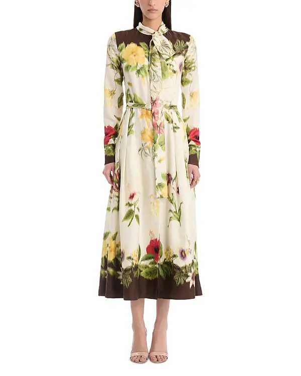 Oscar De La Renta Long Sleeve Silk Twill Dress - Brown Multi