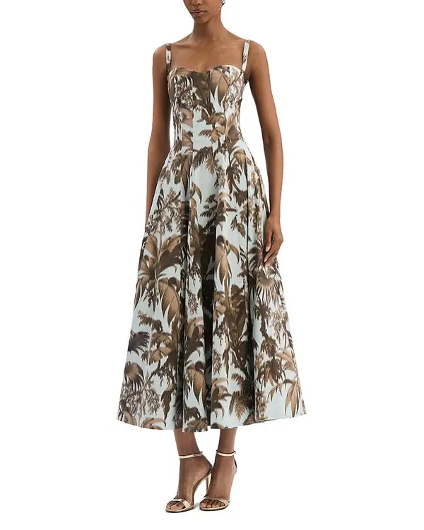 Oscar De La Renta Sleeveless Palm Leaves Poplin Day Dress - Brown/saltwater