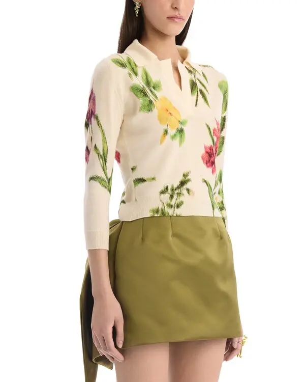 Oscar De La Renta Printed Collared Wool Sweater