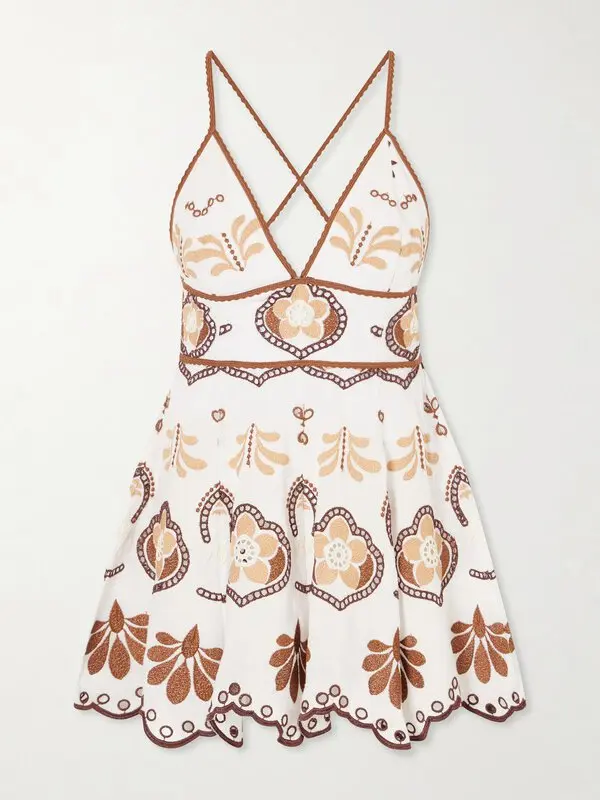 Charo Ruiz Ibiza Jela Broderie Anglaise Cotton-blend Mini Dress - Brown