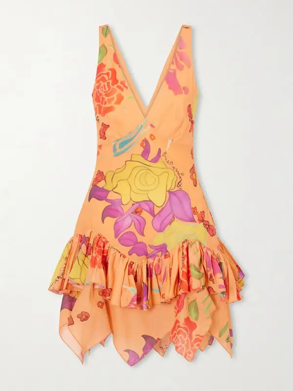 DONDE ESTEBAN Guava Flores Ruffled Printed Cotton-voile Mini Dress - Orange