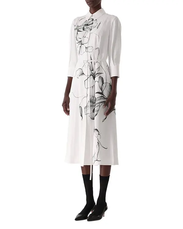 JASON WU Floral Print Silk Twill Shirtdress - Chalk/ Hunter Green Multi