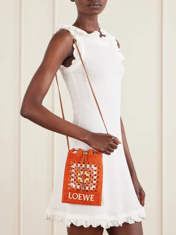 Loewe Paula's Ibiza Logo-trimmed Crocheted Raffia Bucket Bag - Orange