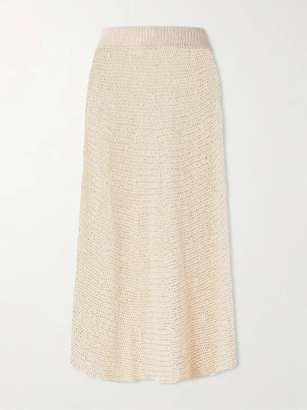 Khaite Inaya Crocheted Cotton And Silk-blend Midi Skirt - Ivory