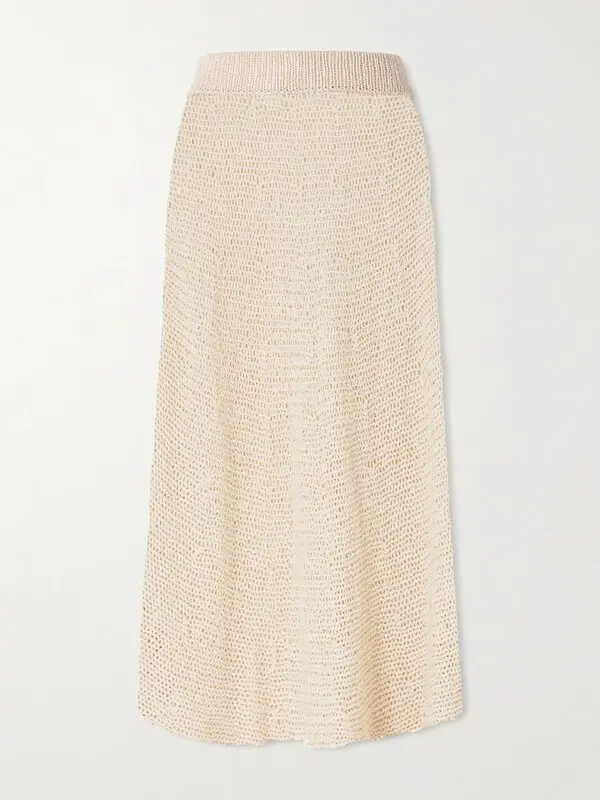 Khaite Inaya Crocheted Cotton And Silk-blend Midi Skirt - Neutrals