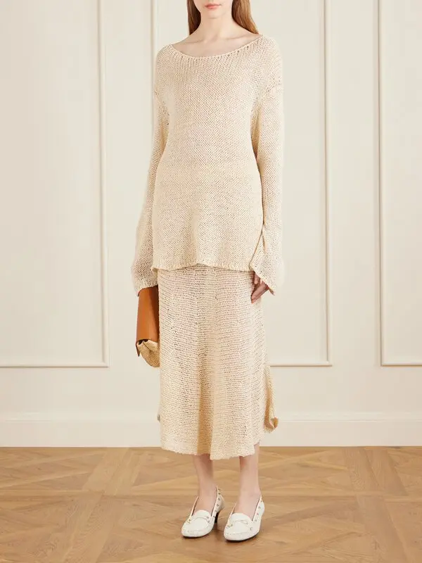 Khaite Inaya Crocheted Cotton And Silk-blend Midi Skirt - Neutrals
