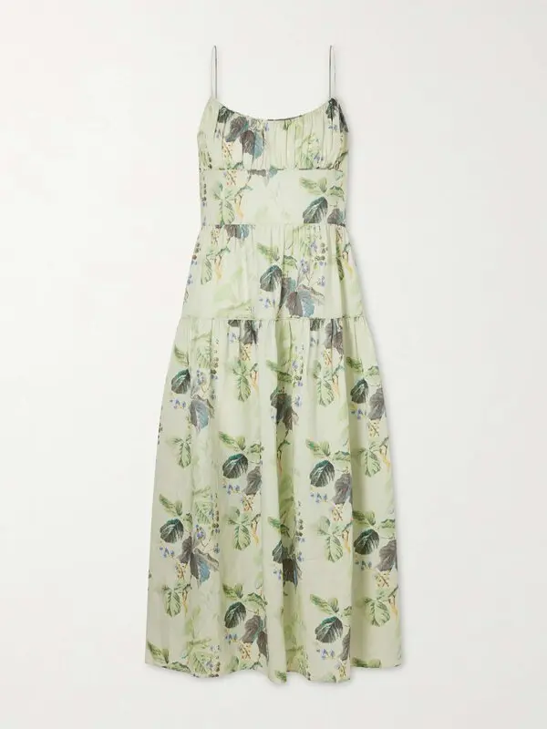 DÔEN Benoit Tiered Gathered Floral-print Ramie Midi Dress - Green