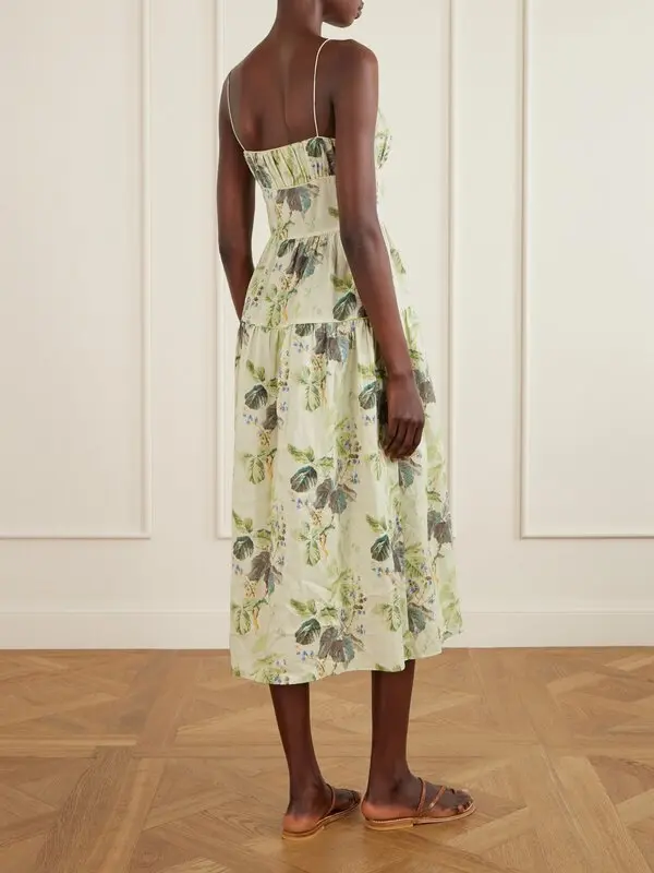 DÔEN Benoit Tiered Floral-print Ramie Midi Dress - Green