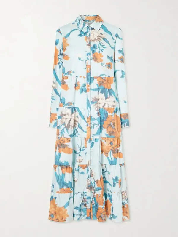 Erdem Tiered Floral-print Cotton Midi Dress - Blue