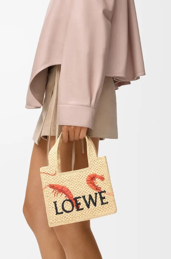 Loewe Mini Font Raffia Tote - Natural/orange