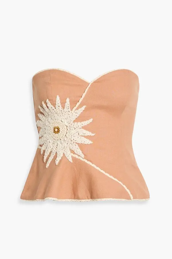 PatBO Tropic Strapless Embellished Linenblend Top - Sand