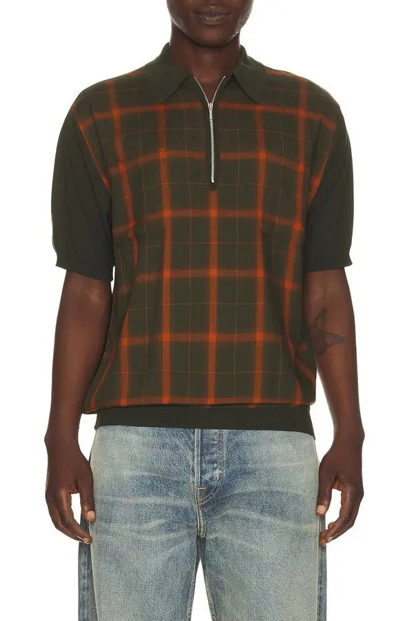 BEAMS Half Zip Panel Polo Ombre Plaid
