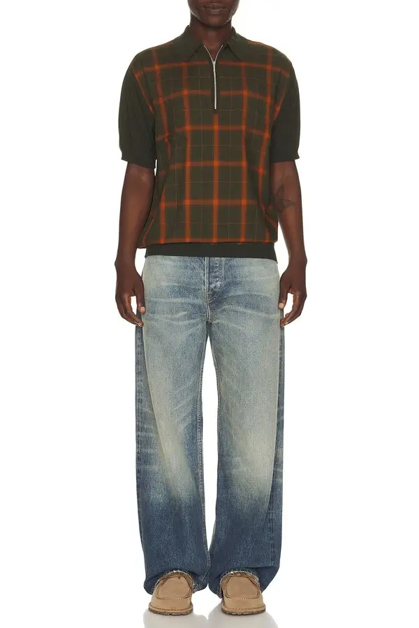 BEAMS Half Zip Panel Polo Ombre Plaid