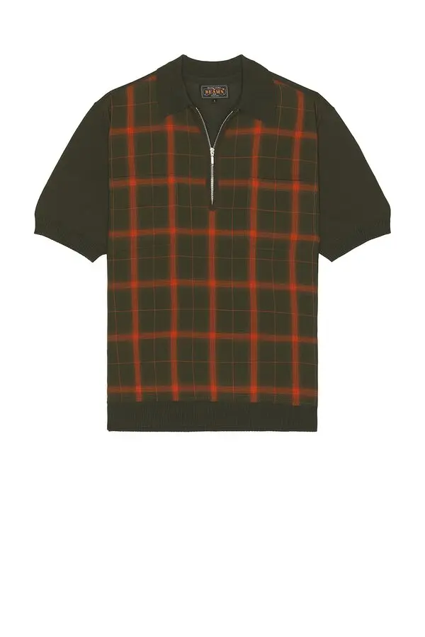 BEAMS Half Zip Panel Polo Ombre Plaid