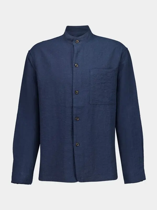 Commas Navy Stand Collar Hemp Viscose Shirt - Blue