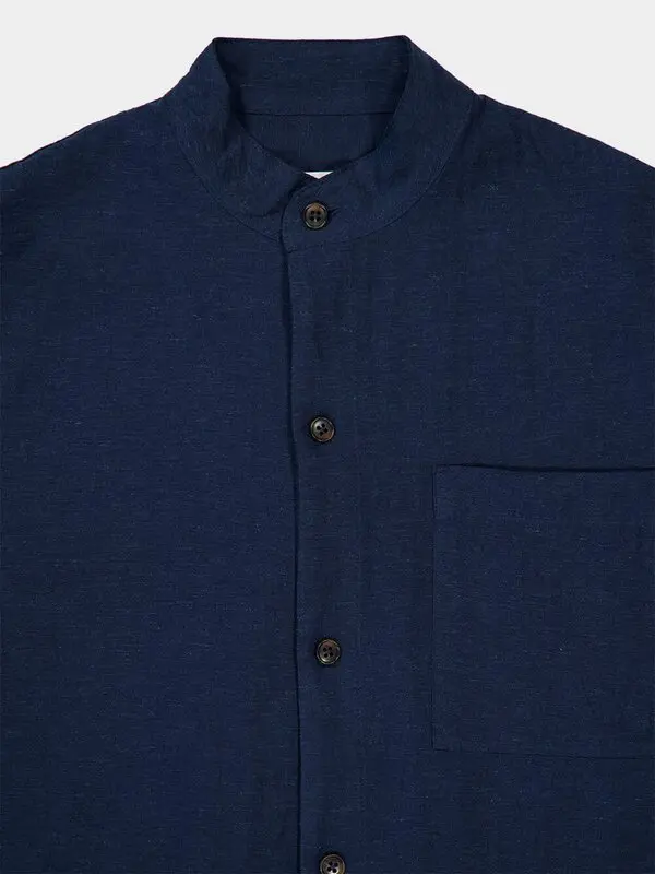 Commas Navy Stand Collar Hemp Viscose Shirt - Blue