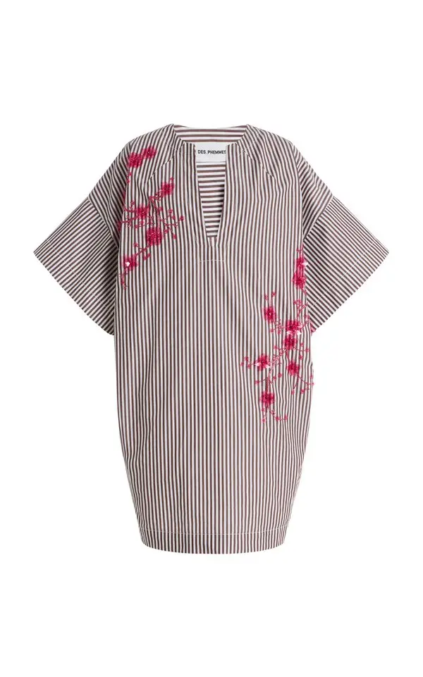 DES_PHEMMES Exclusive La Isla Cocoon Striped Cotton-poplin Mini Dress With Floral Embellishments - Multi