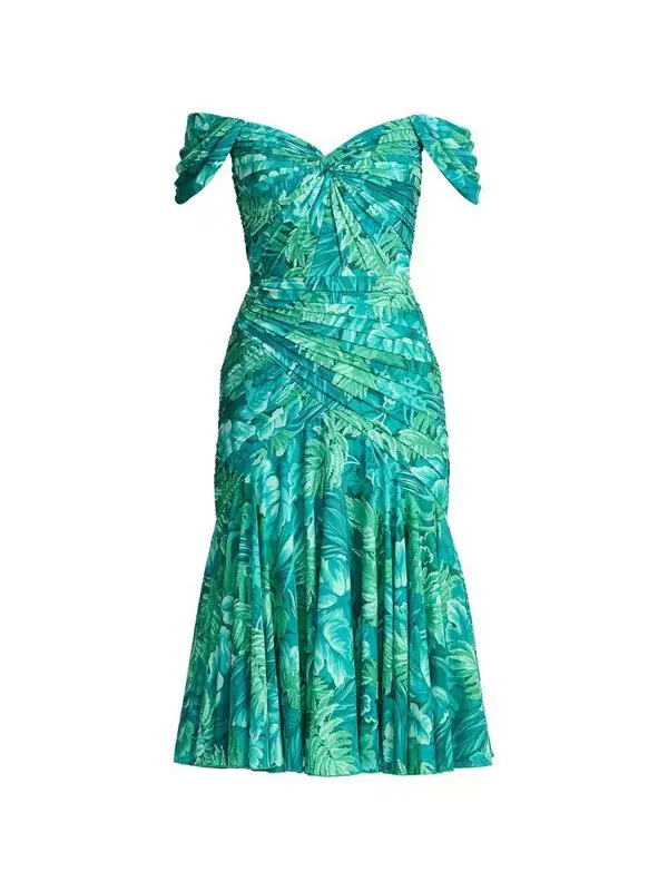 Tadashi Shoji Floral-print Off-shoulder Midi Dress - Green