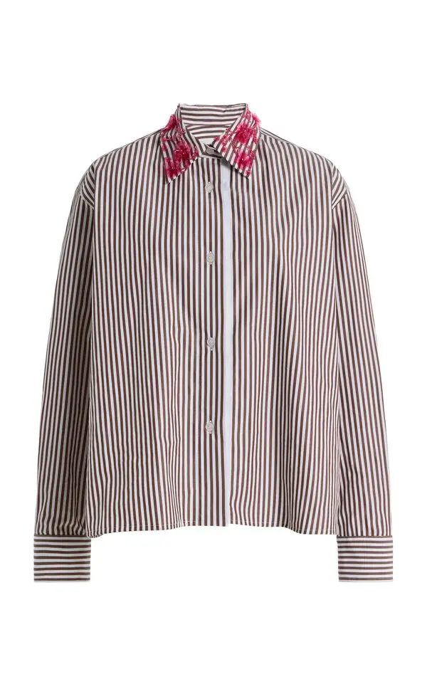 DES_PHEMMES La Isla Classic Cotton-poplin Shirt With Floral Beaded Collar - Stripe