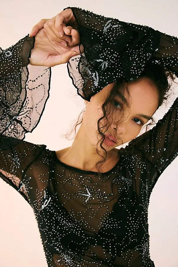 Free People One Night Out Embellished Long Sleeve Top - Black