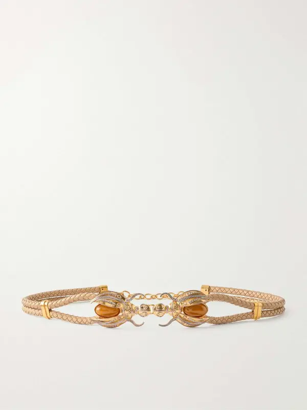 SONIA PETROFF Scarab Gold-tone, Woven Leather And Amber Belt - Taupe