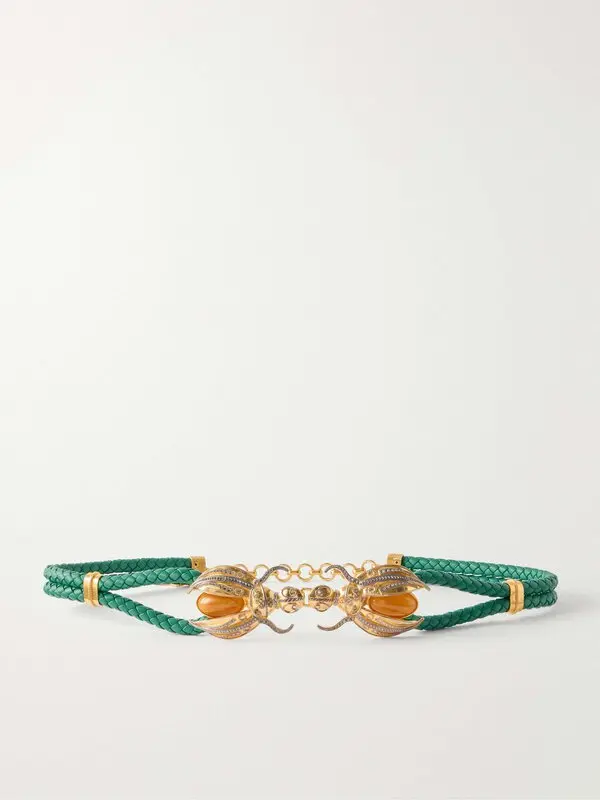 SONIA PETROFF Scarab Gold-tone And Woven Leather Belt - Emerald