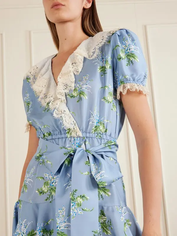 Rodarte Ruffled Lace-trimmed Floral-print Silk-twill Mini Dress - Blue
