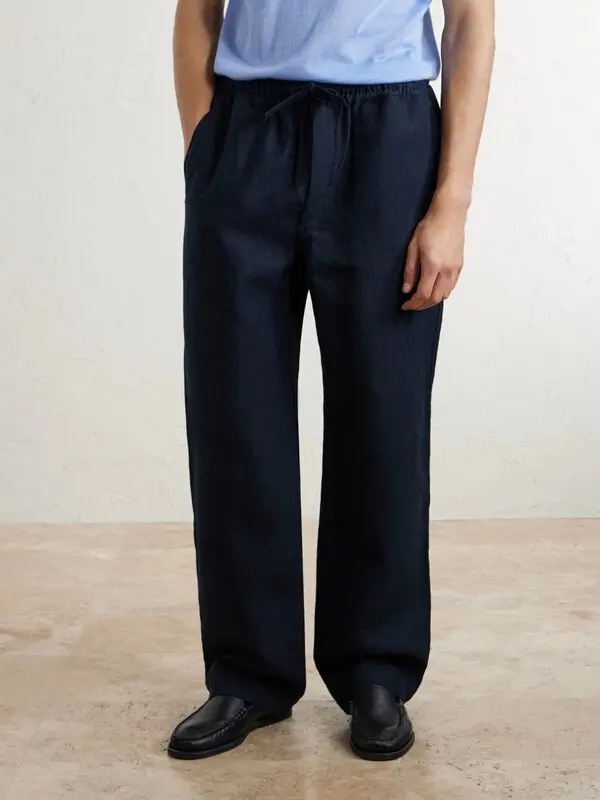 SAMAN AMEL Straight-leg Linen Trousers - Blue