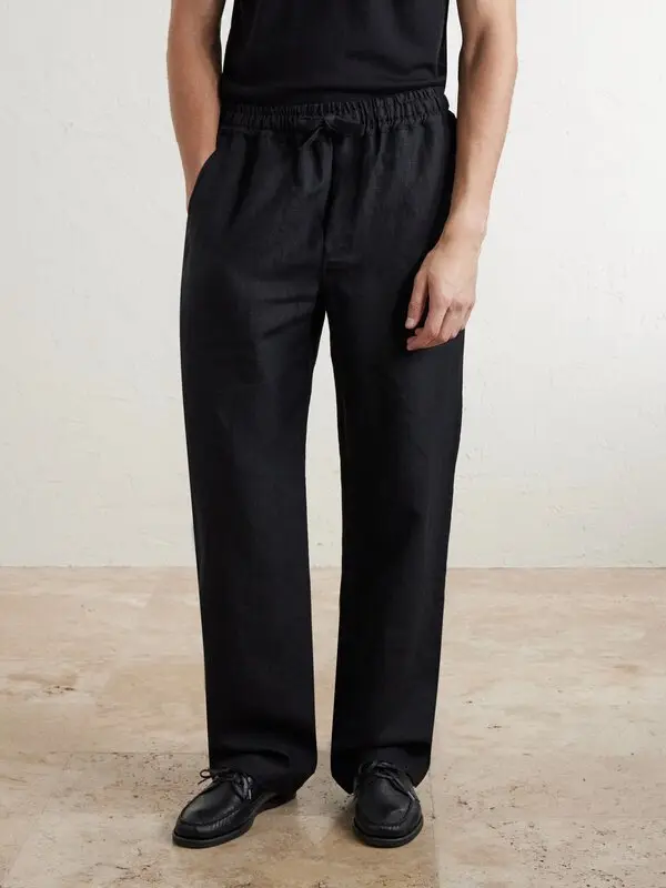 SAMAN AMEL Straight-leg Linen Trousers - Black