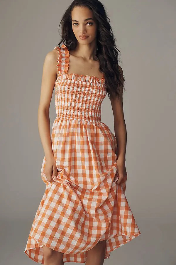 English Factory Ggham Midi Dress - Orange Plaid