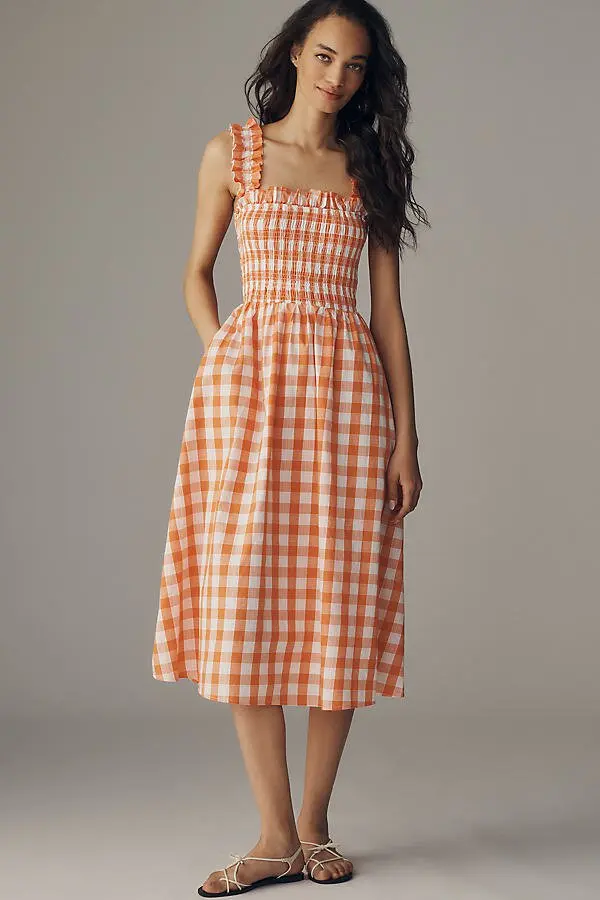English Factory Gingham Smocked Midi Dress