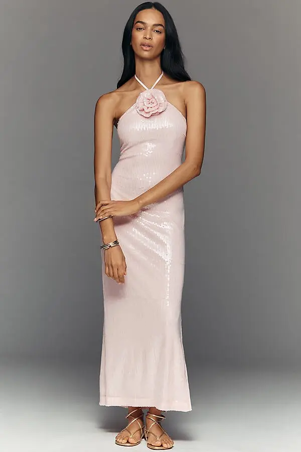 Endless Rose Shimmer Halter Maxi Dress With Rosette Detail - Pink
