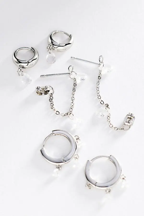 Anthropologie Summer Shell Crystal Earrings Set Of 3 - Silver Crystal Pack