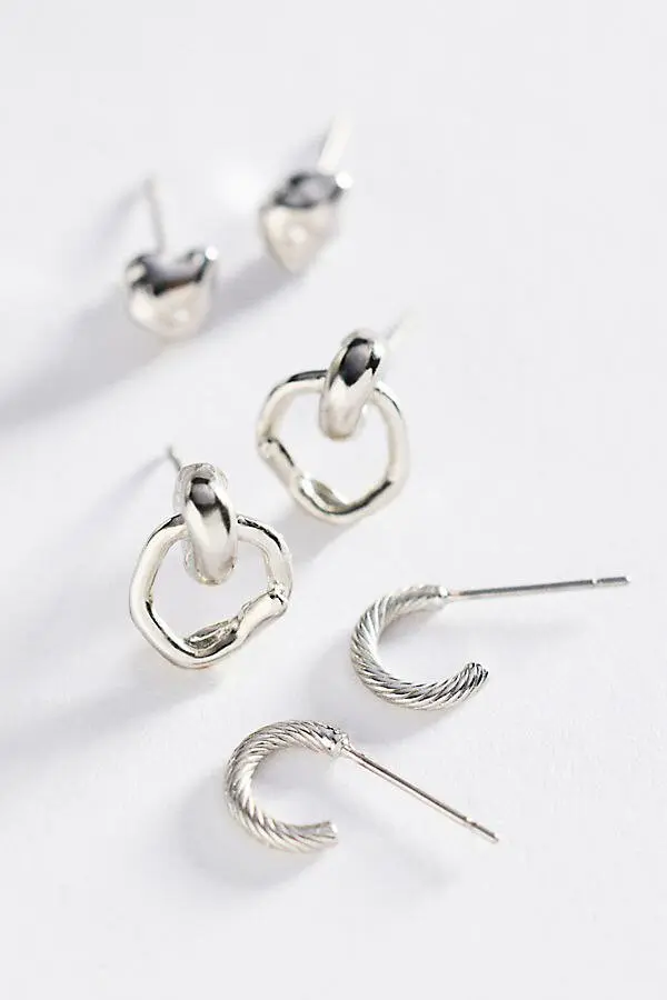 Anthropologie Summer Shell Crystal Earrings Set Of 3 - Silver Organic