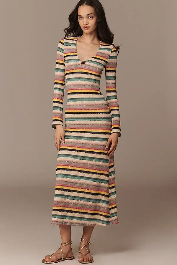 MAUDE CLUB Priscilla Long-sleeve Scoop Midi Dress - Multi Stripe