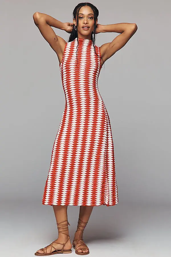 DE LORETA Petite Cotton Montebell Midi Dress - Red Stripe