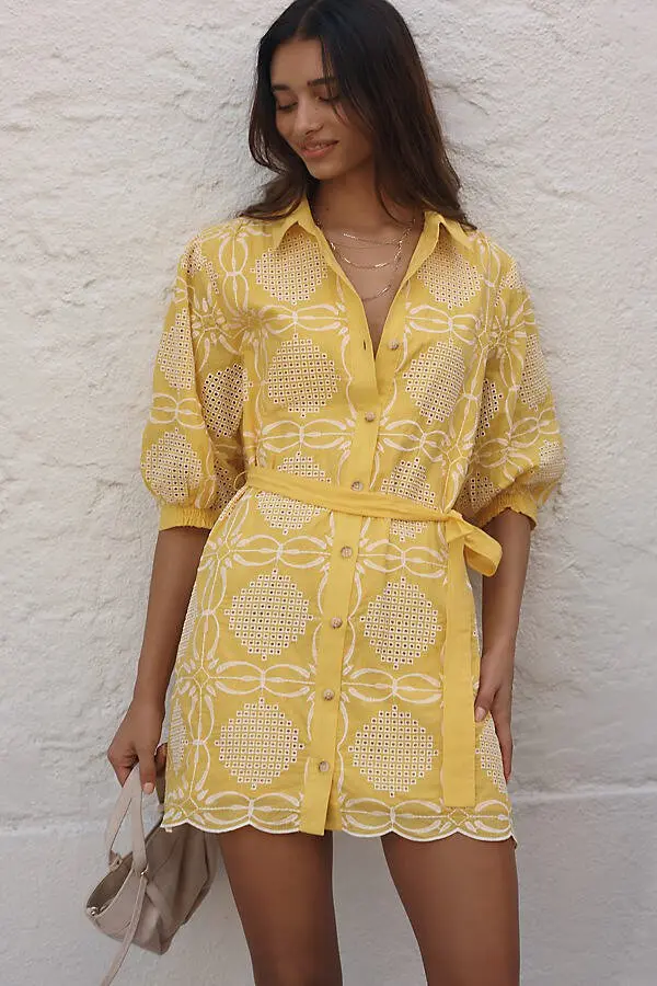 Maeve Mona Deco Belted Mini Dress - Yellow Deco