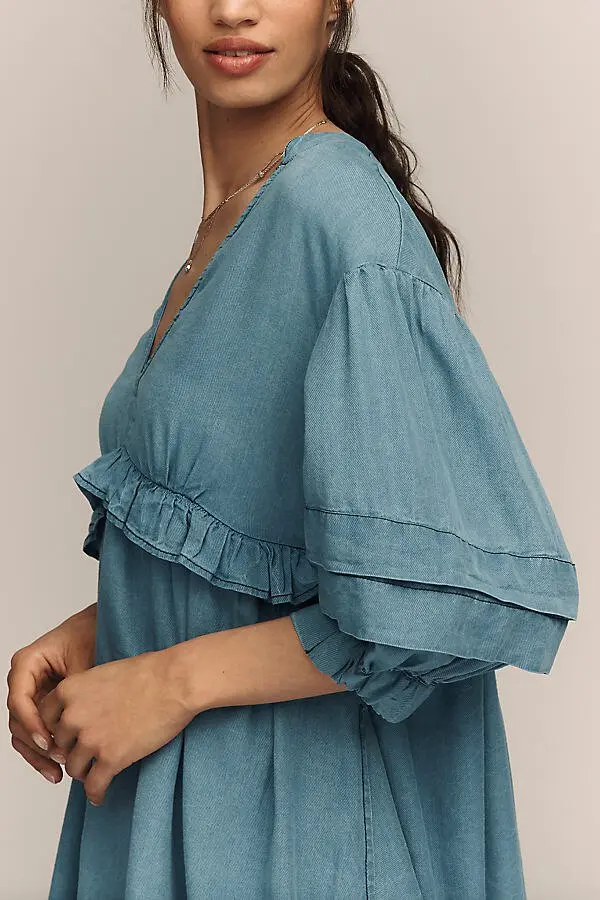 Maeve V-neck Chambray Swing Mini Dress