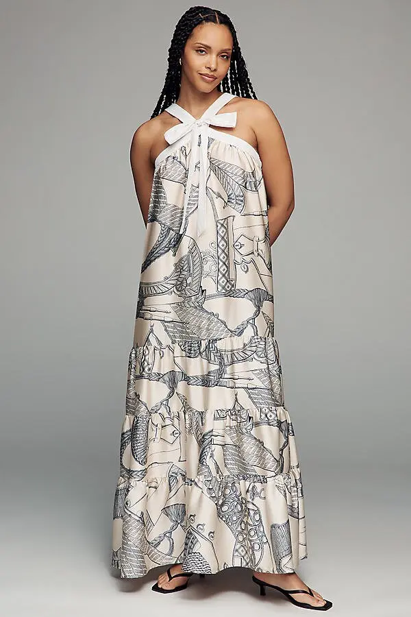 MAUDE CLUB Bobbi Halter Bow Maxi Dress