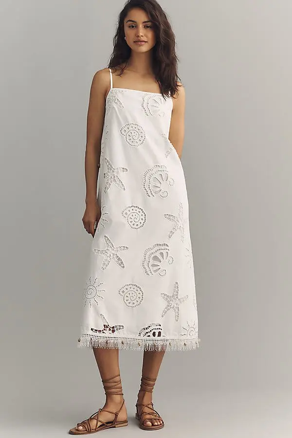 MAUDE CLUB Cotton Eyelet Midi Dress - White