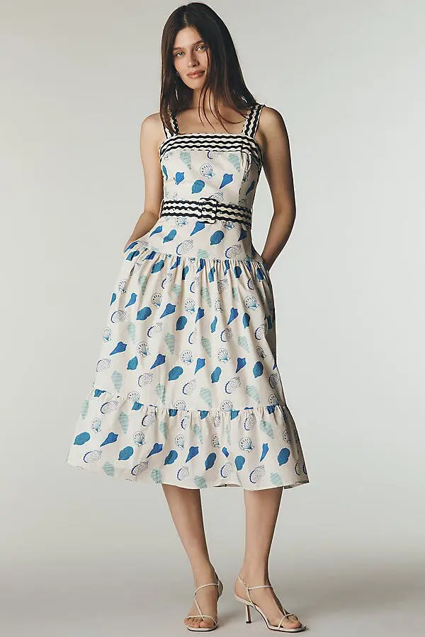 MAUDE CLUB Cotton Belted Midi Dress - Blue Shell Print